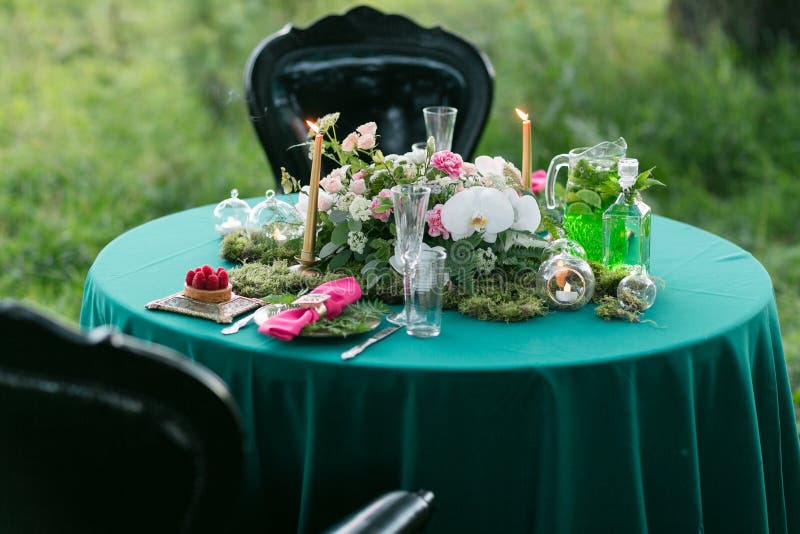 Table Setting. Wedding Decor in the Magic Forest for a Loving Couple ...