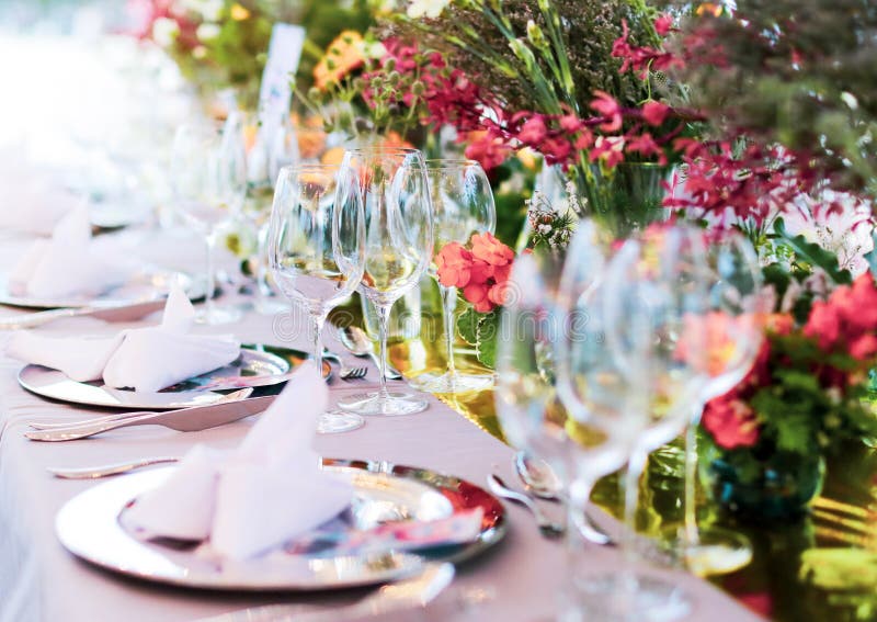 Table Setting for a Wedding or Dinner Event, with Flowers Stock Photo ...