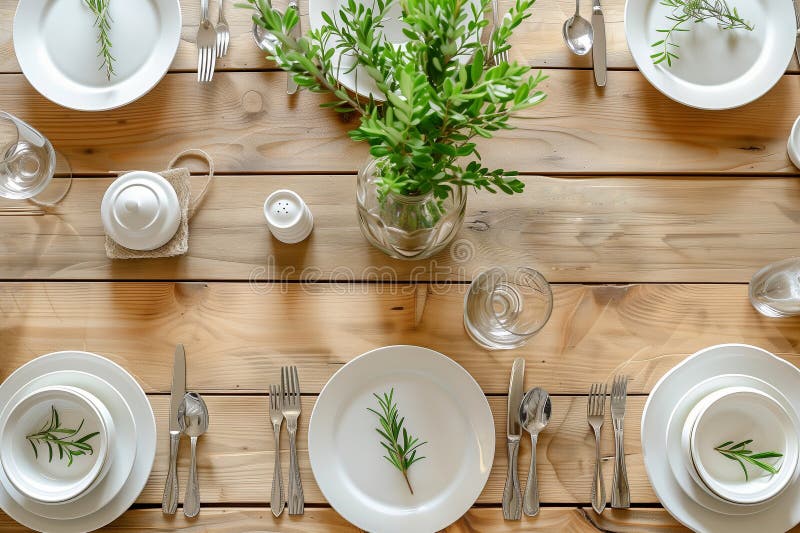 Table Setting with White Dishes on a Wooden Table. Eco-friendly ...