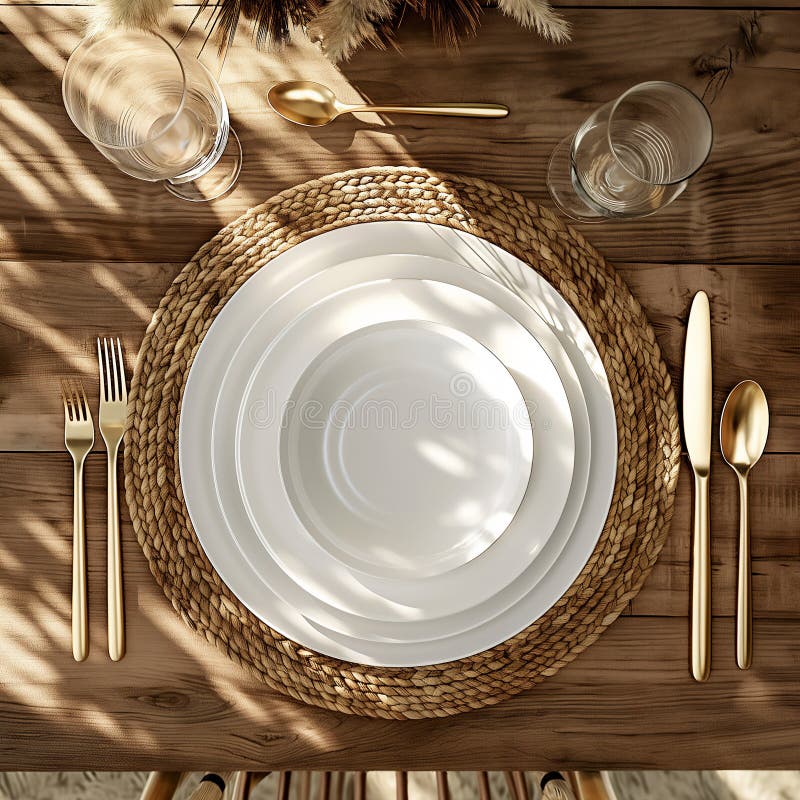 Table Setting with White Empty Plates, Cutlery and Glasses. View from ...