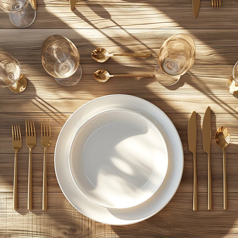 Table Setting with White Empty Plates, Cutlery and Glasses. View from ...