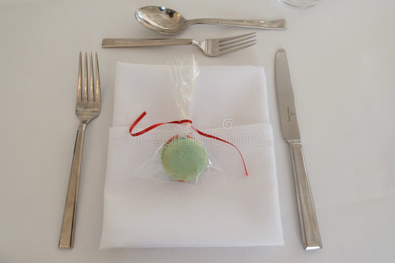 Elegant Table Setting with Green Macaron Stock Image - Image of fork ...