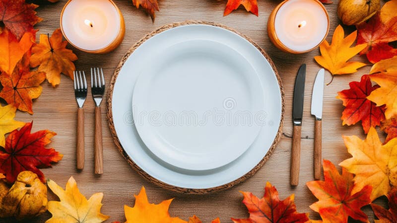 A Table Setting with a White Plate, Place Settings and Candles, AI ...
