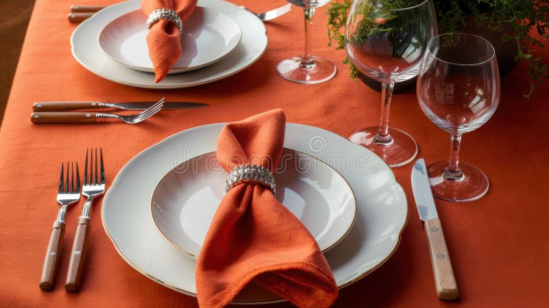 A Table Setting with a White Plate, Silverware and Orange Napkin, AI ...
