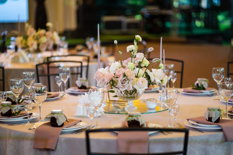 Table Setting with White Table Cloth with No Food Stock Photo - Image ...