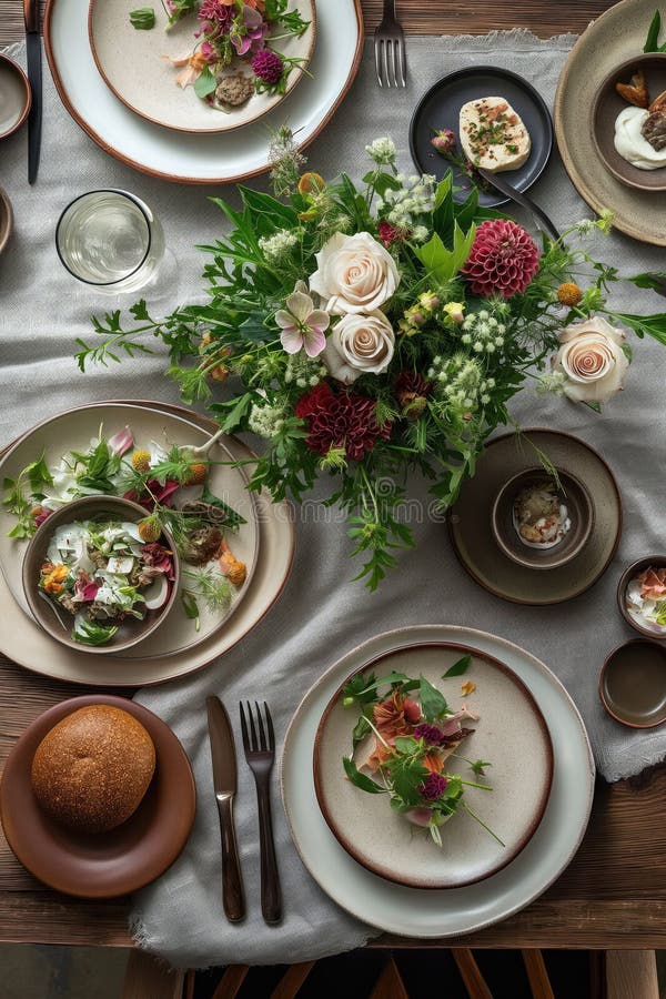 Table Setting with White Tablecloth, Plates, Bowls, Silverware, Floral ...