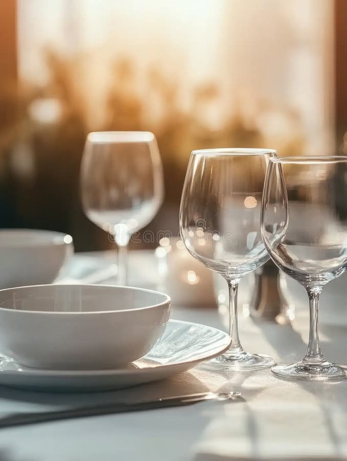 Table Setting with Wine Glasses and Dinnerware Stock Image - Image of ...
