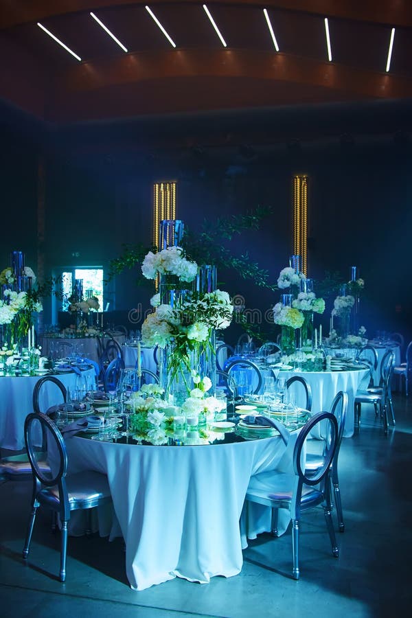 Table Setup in Blue Light. Ready To Event Stock Photo - Image of ...
