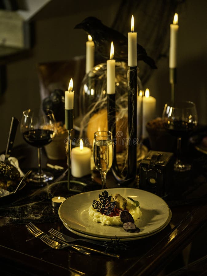 Table Setup for a Halloween Diner Stock Photo - Image of black ...