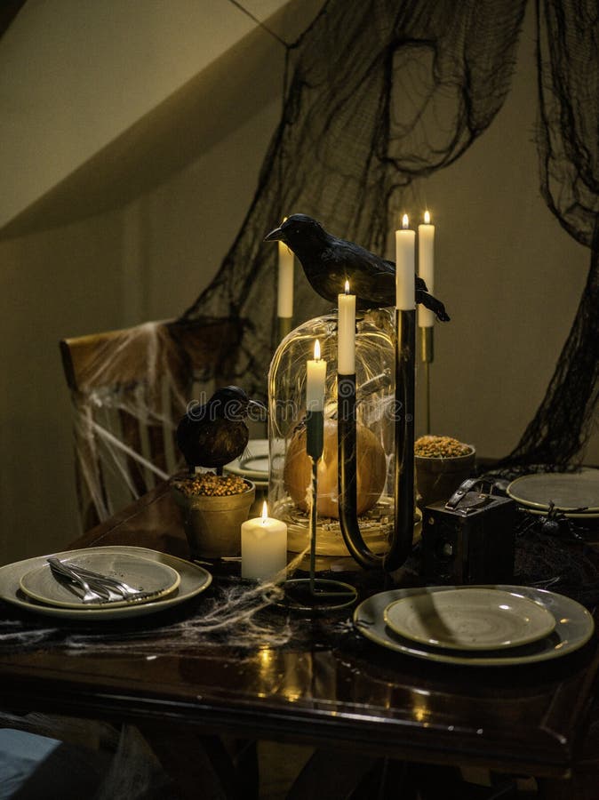 Table Setup for a Halloween Diner Stock Image - Image of burning ...