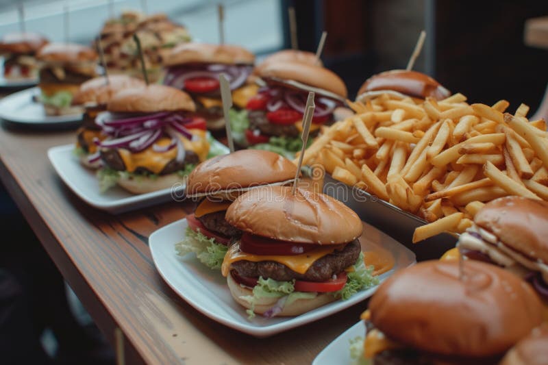 Table Setup with Multiple Burgers and Fries for a Group To Enjoy Stock ...
