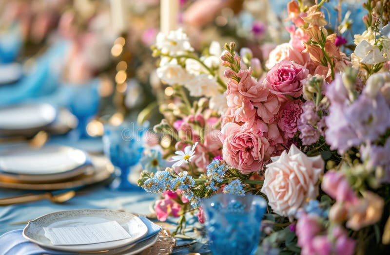 A Table Setup with Pink and Blue Flowers Stock Photo - Image of plate ...
