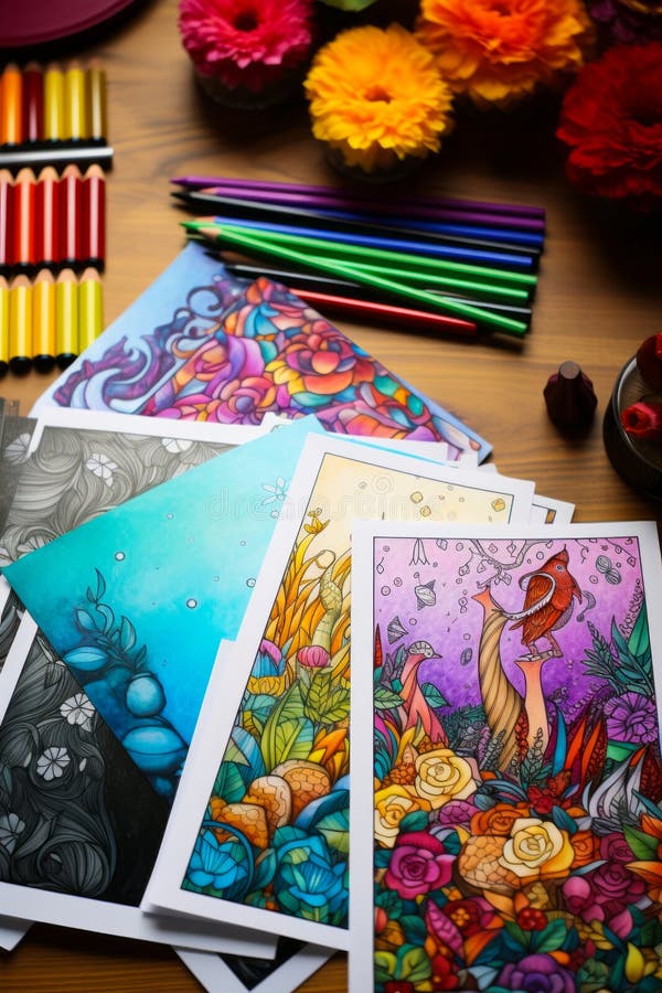 Table with Several Colored Pencils and Drawing Book. Generative AI ...