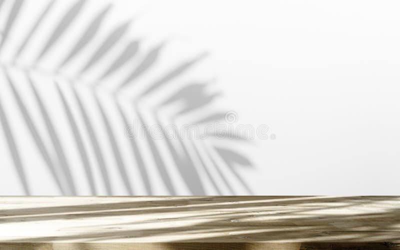 Table Shadow Background. Wooden Table and White Empty Wall with Plant ...