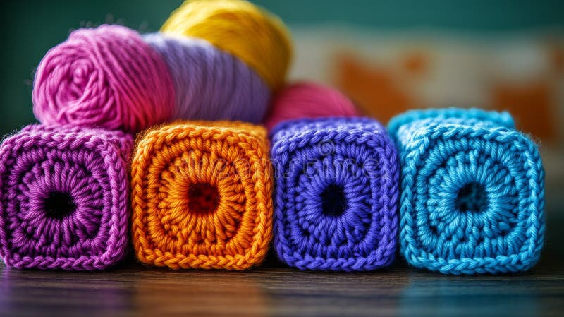 A Table Showcasing an Assortment of Brightly Colored Crochet Squares ...