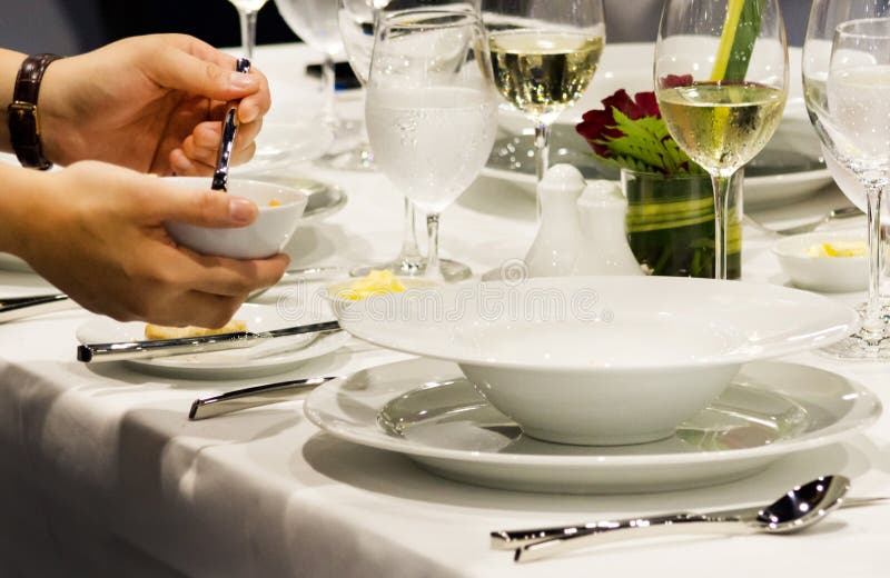 Table Side Service at a Fine Dining Restaurant, Waiter Serving Dishes ...