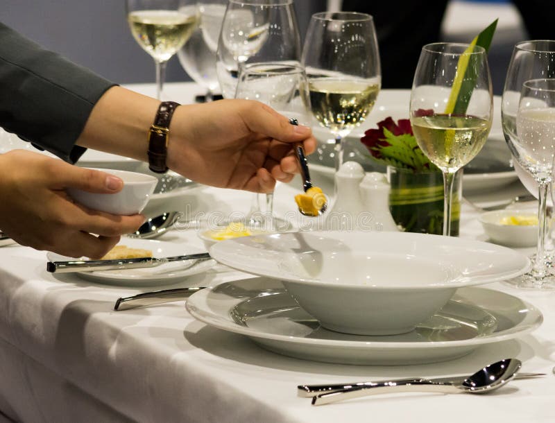 Table Side Service at a Fine Dining Restaurant, Waiter Serving Dishes ...