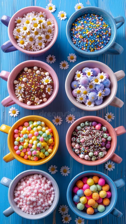 A Table with Six Bowls of Different Colored Candy and Sprinkles, AI ...
