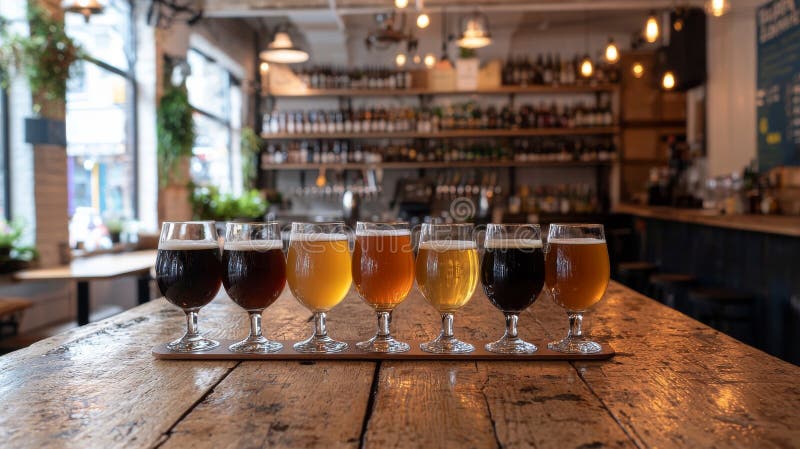 On a Table, Six Glasses of Different Colored Beers are Arranged Stock ...