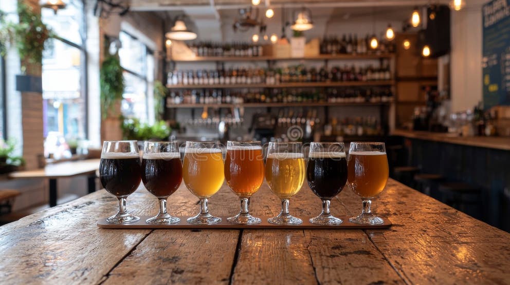 On a Table, Six Glasses of Different Colored Beers are Arranged Stock ...