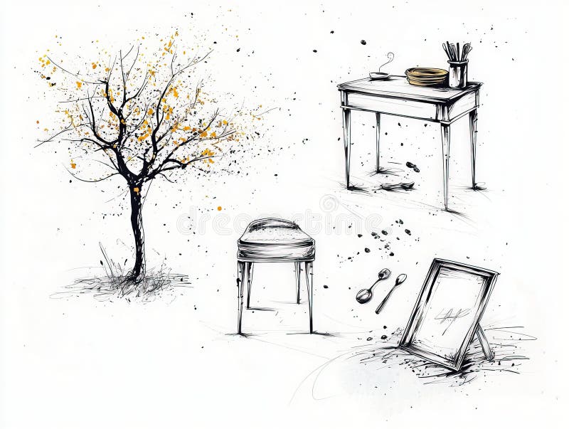 Table Sketch: a Cozy Depiction of a Table Setting, Emphasizing Design ...