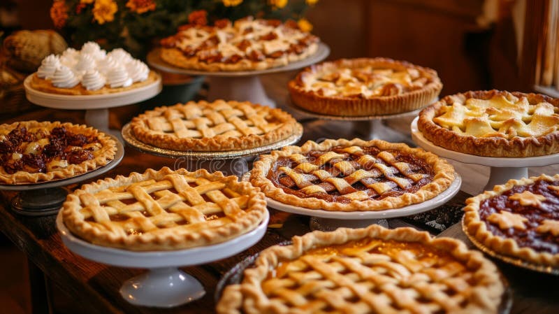 A Table Spread with an Assortment of Homemade Pies Stock Illustration ...