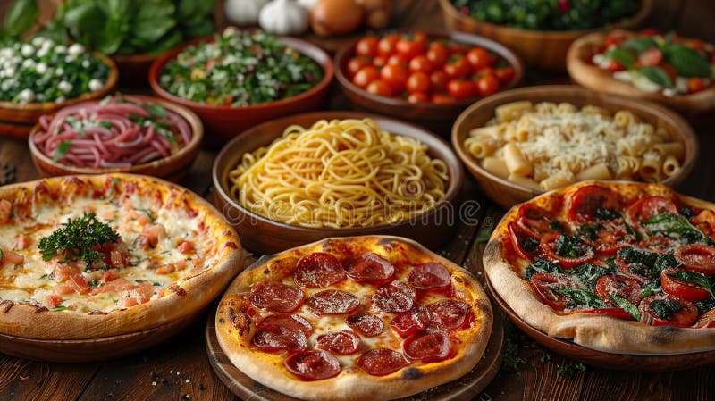 A Table Spread with an Assortment of Italian Dishes, Including Pizza ...