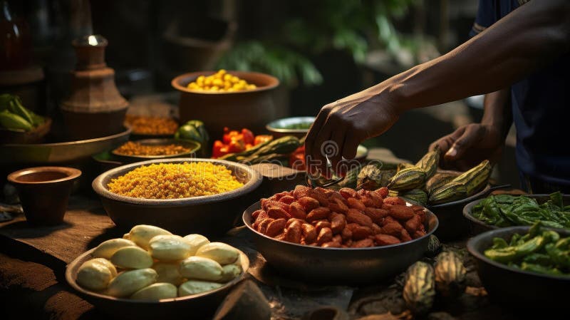 A Table Spread with Bowls of Food Stock Illustration - Illustration of ...
