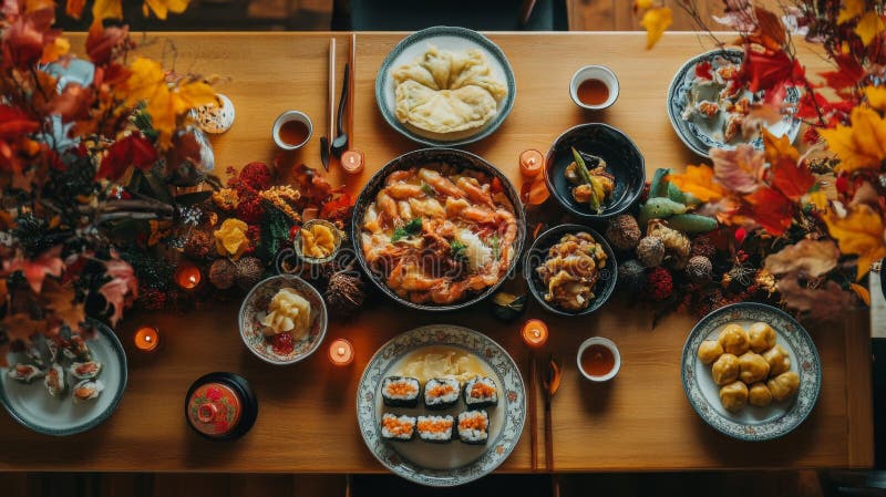 A Table Spread of Chinese Dishes with Autumnal Decorations Stock ...