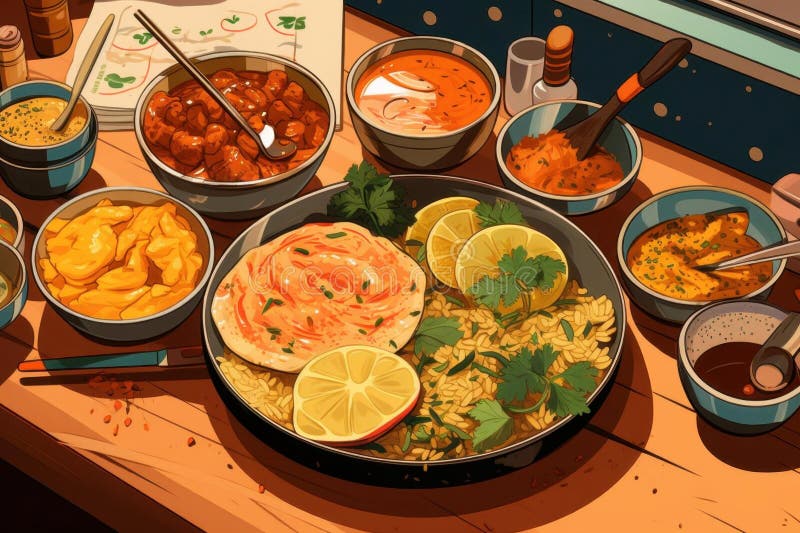 A Table Spread with Dishes of Rice, Lemon, and Herbs Stock Illustration ...