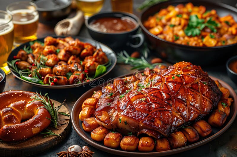 A Table Spread with a German Feast Roasted Pork Knuckle with Potatoes ...