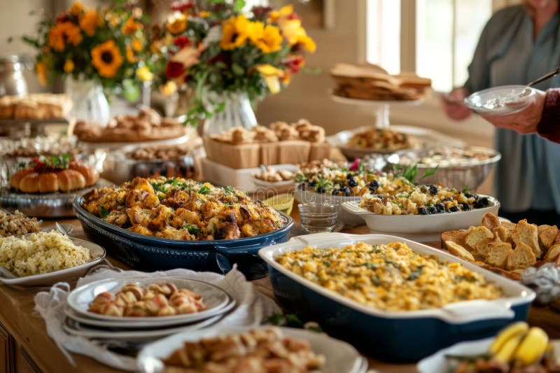 A Table Spread of Home-Cooked Dishes with a Bouquet of Sunflowers and ...