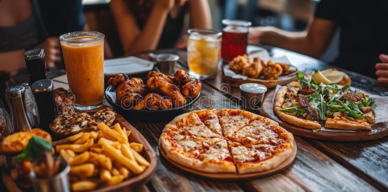 A Table Spread with Pizza, Wings, Fries, and Drinks Stock Illustration ...