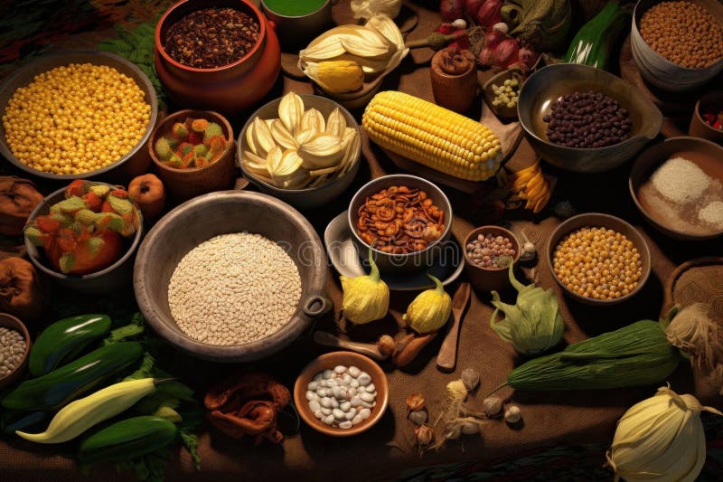 A Table Spread with a Variety of Grains, Beans, and Vegetables Stock ...