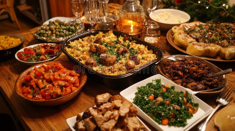 A Table Spread of Various Cuisines and Dishes Stock Illustration ...