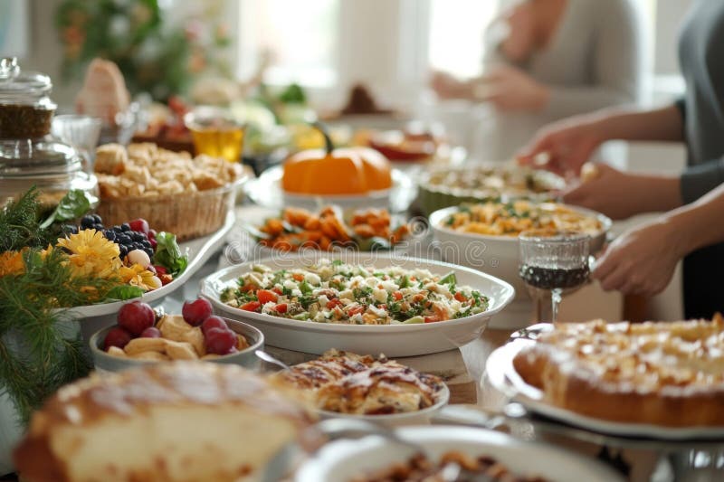 A Table Spread with Various Dishes and Desserts at a Gathering Stock ...
