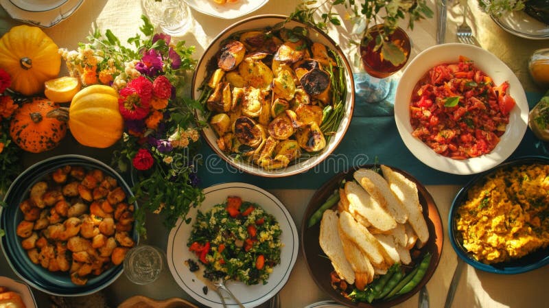 A Table Spread of Various Dishes with Flowers and Pumpkins Stock ...