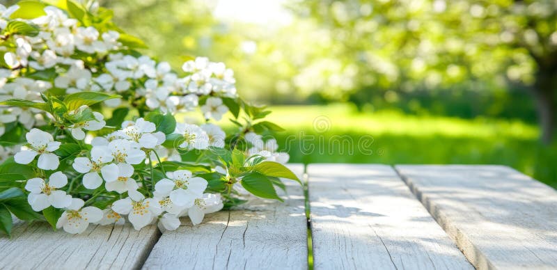 A Table in Spring with Flowers in Bloom on Trees and a Blur of a Sunny ...
