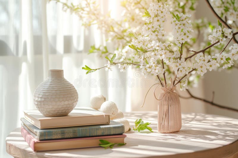 Table with Stack of Books, Flowers and Spring Decor. Generative AI ...