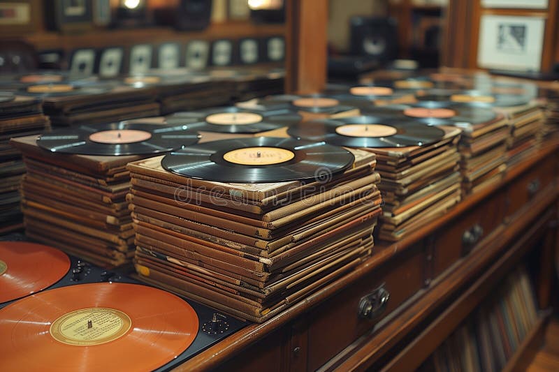 A Table Stacked High with a Variety of Old Vinyl Records Stock Photo ...