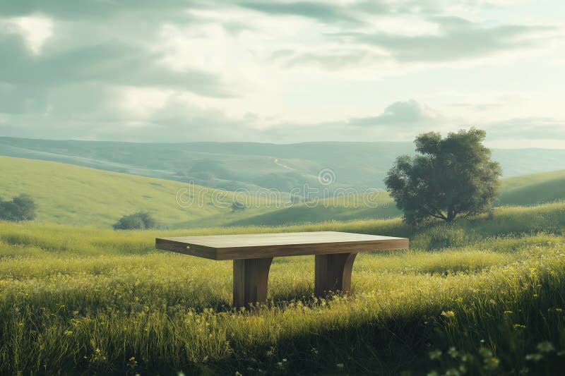 Table Standing in Grassy Field Surrounded by Hills and Trees Stock ...