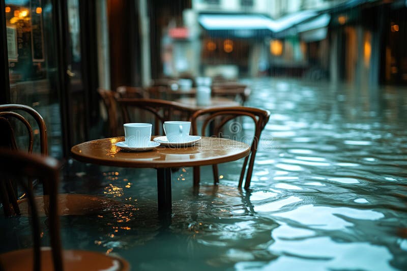A Table at a Street Cafe with a Cup of Coffee on it is Flooded with ...