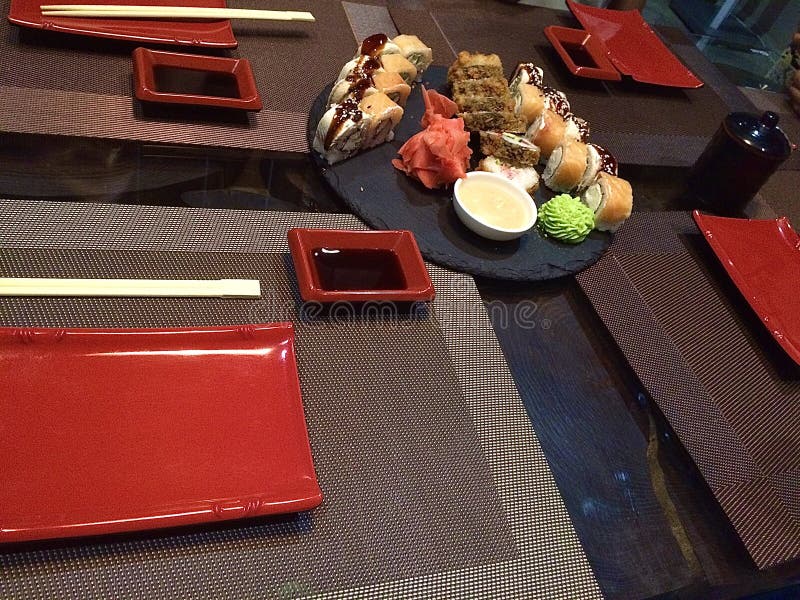 Table with sushi stock photo. Image of table, sushi - 249124540