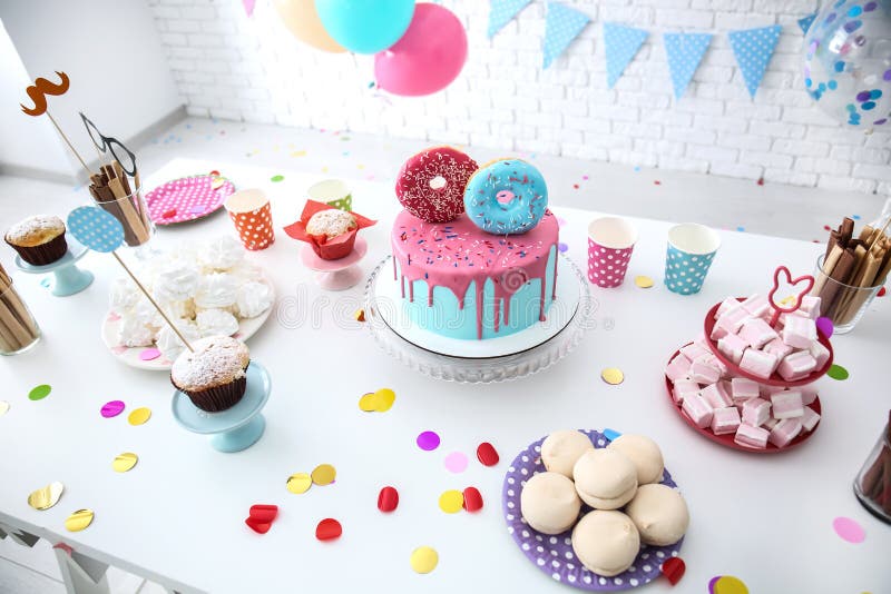 Table with Sweets Prepared for Birthday Party Stock Photo - Image of ...
