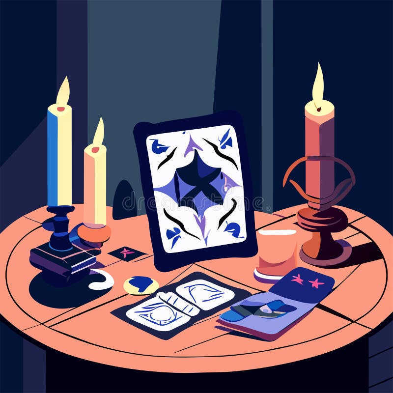 Table with Tablet Pc and Divination Items. Vector Illustration in Flat ...