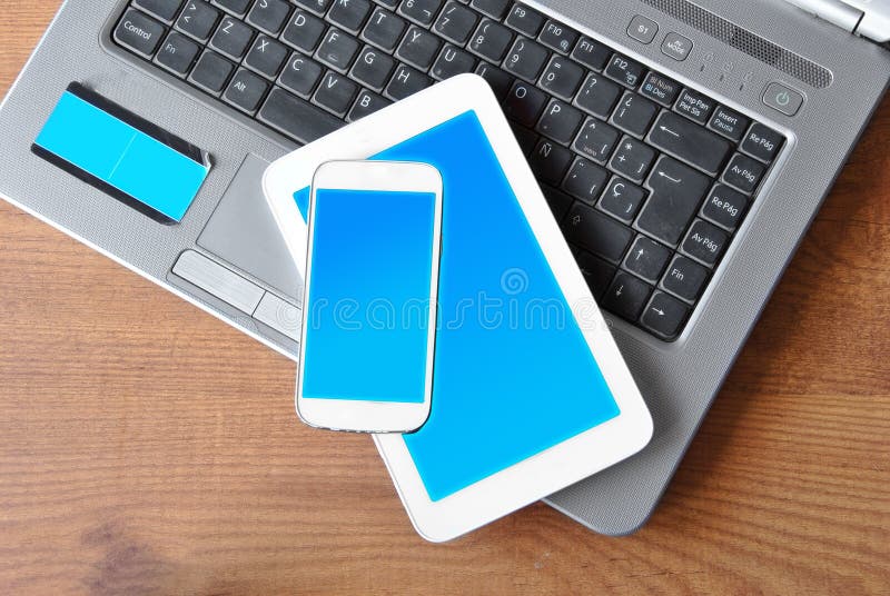 Table with Tablet, Phone and PC Stock Photo - Image of telephone ...