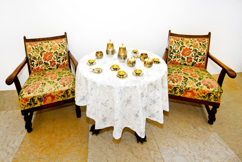 Table for tea stock photo. Image of tablecloth, chairs - 12747300