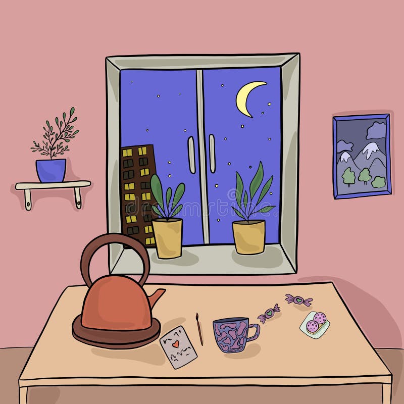 Cute Evening with Warm Tea and Drawing Stock Illustration ...