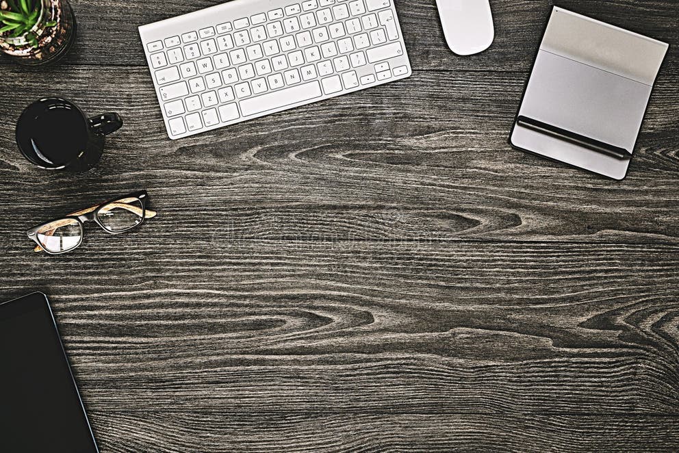 Table, Tech and Workstation with Keyboard, Flat Lay and High Angle of Equipment, Creative and ...