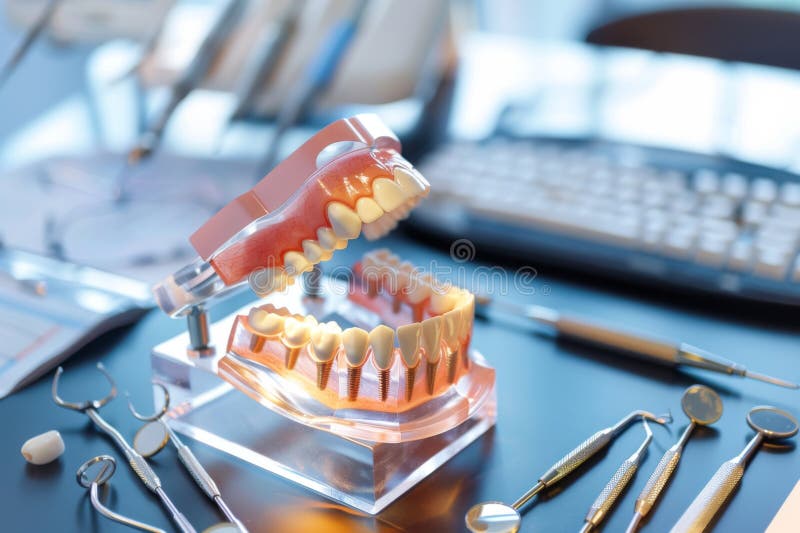 A Model of Teeth Next To Dental Instruments on a Table Stock Photo ...